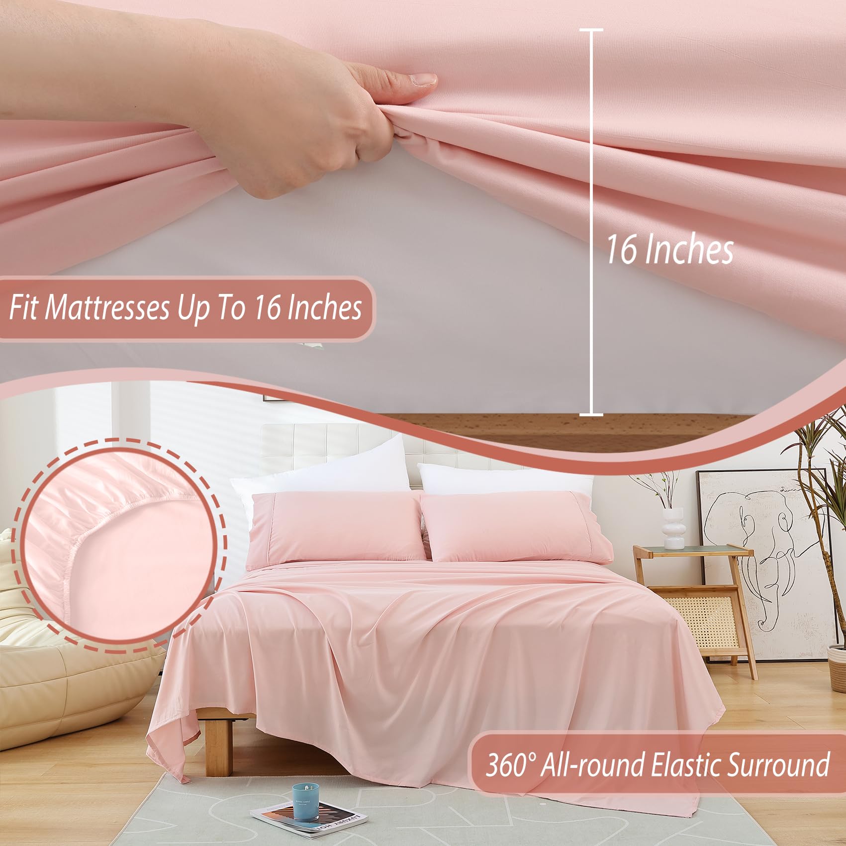 Whitney Home Textile Twin Size Sheet Set - Luxury Soft Comfy Bed Sheets, Breathable Cooling Hotel Bedding for Women, Men, Teens, Extra Deep Pocket, Easy-Fit, Oeko-Tex, Wrinkle Free 3 Piece - Pink