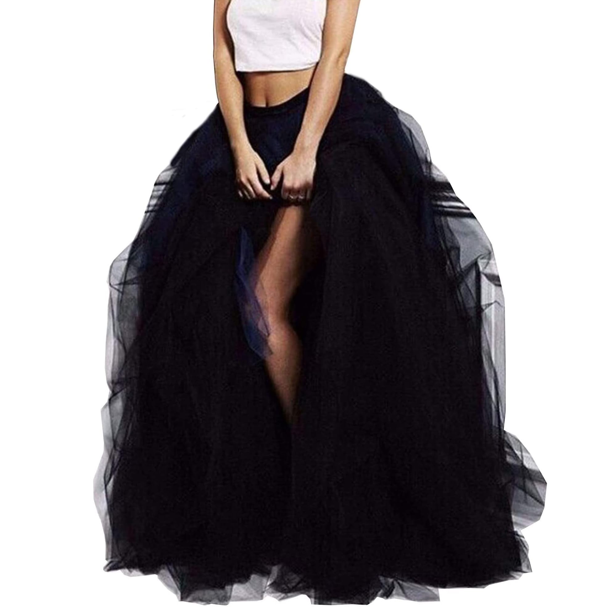 Lisong Women Maxi Tulle Floor Length Bustle Skirt Elastic High Waist Special Occasion Party Skirt XL Black