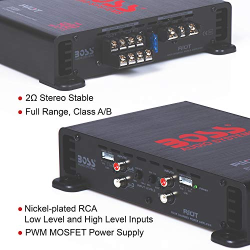 BOSS Audio Systems R1004 4 Channel Car Amplifier – Riot Series, 400 Watts, Full Range, Class A/B, 2 Ohm Stable, IC (Integrated Circuit) Great for Car Speakers and Car Stereos