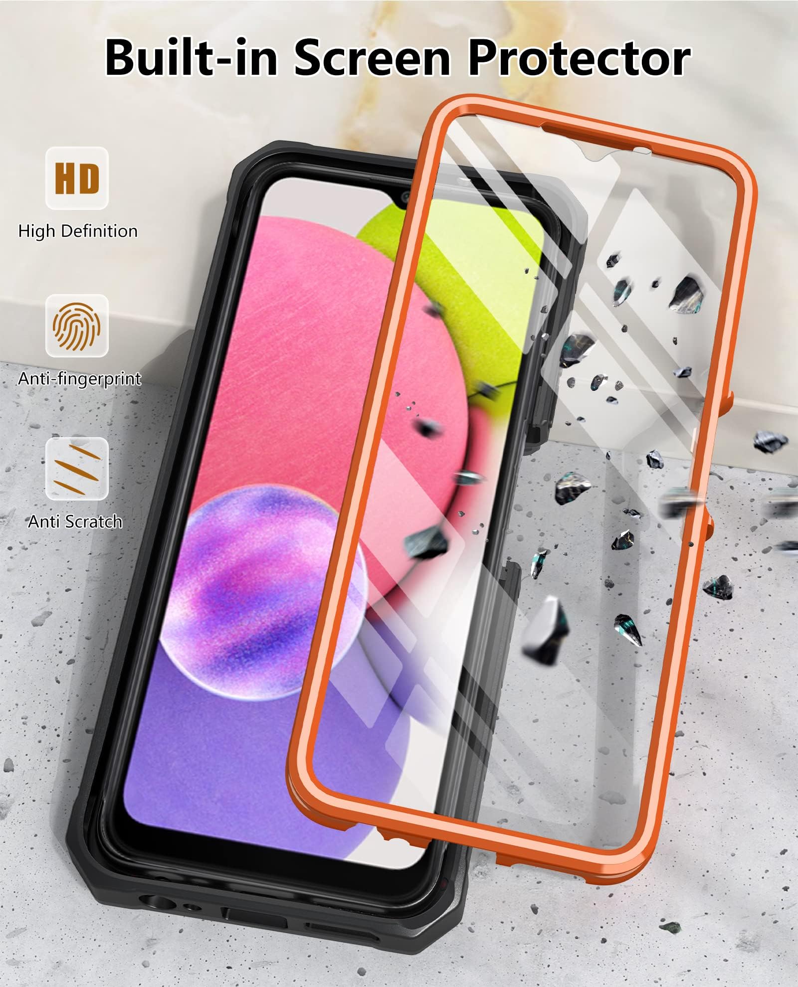 for Samsung Galaxy A03S Phone Case: Built in Hard Kickstand & Touch Protector Military Shockproof TPU Sturdy Soft Rugged Heavy Duty Armor Full Body Protection Grade Phone Cover - Orange