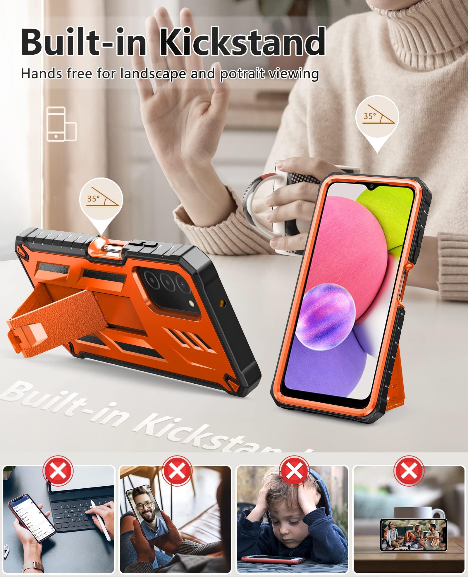 for Samsung Galaxy A03S Phone Case: Built in Hard Kickstand & Touch Protector Military Shockproof TPU Sturdy Soft Rugged Heavy Duty Armor Full Body Protection Grade Phone Cover - Orange
