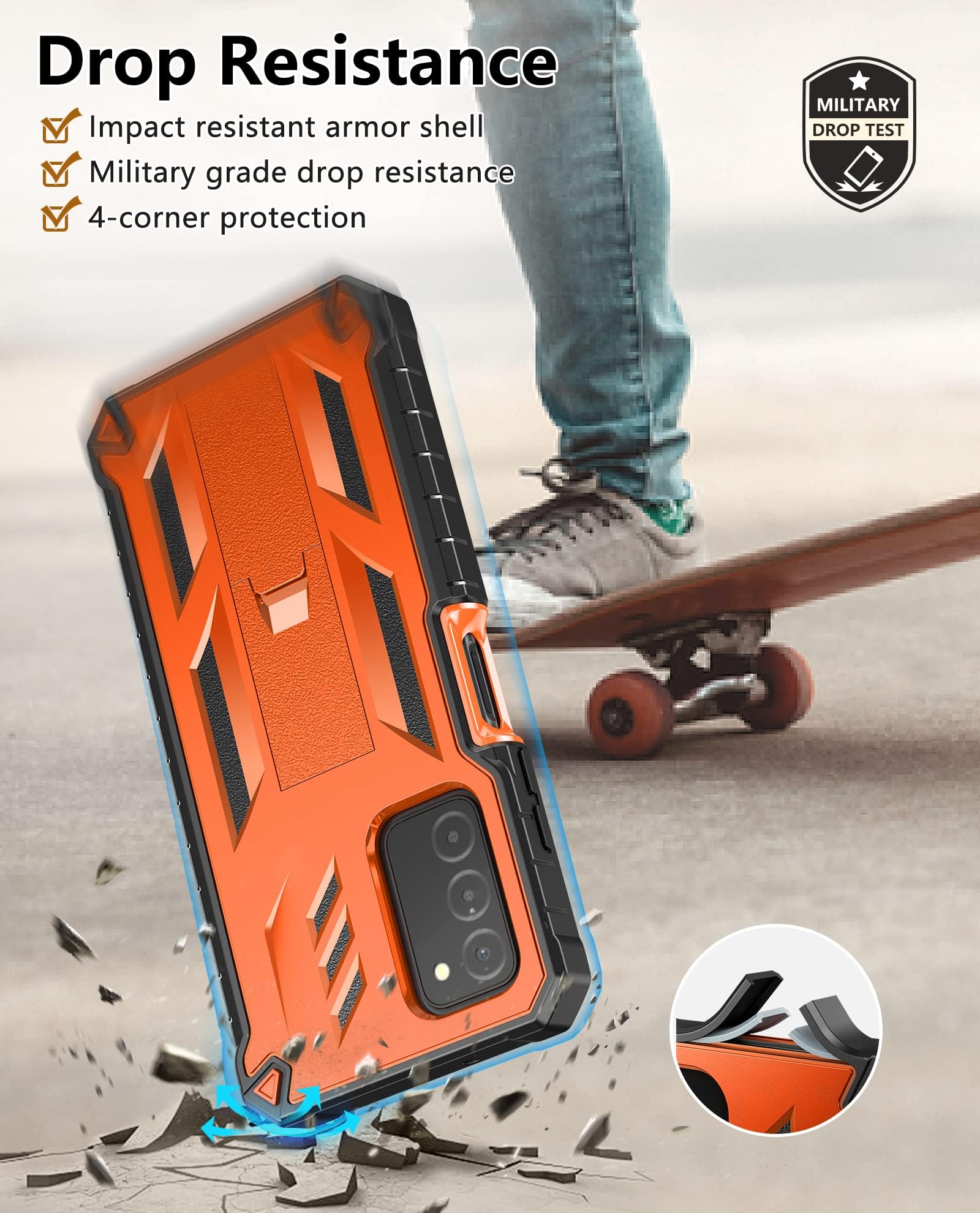for Samsung Galaxy A03S Phone Case: Built in Hard Kickstand & Touch Protector Military Shockproof TPU Sturdy Soft Rugged Heavy Duty Armor Full Body Protection Grade Phone Cover - Orange