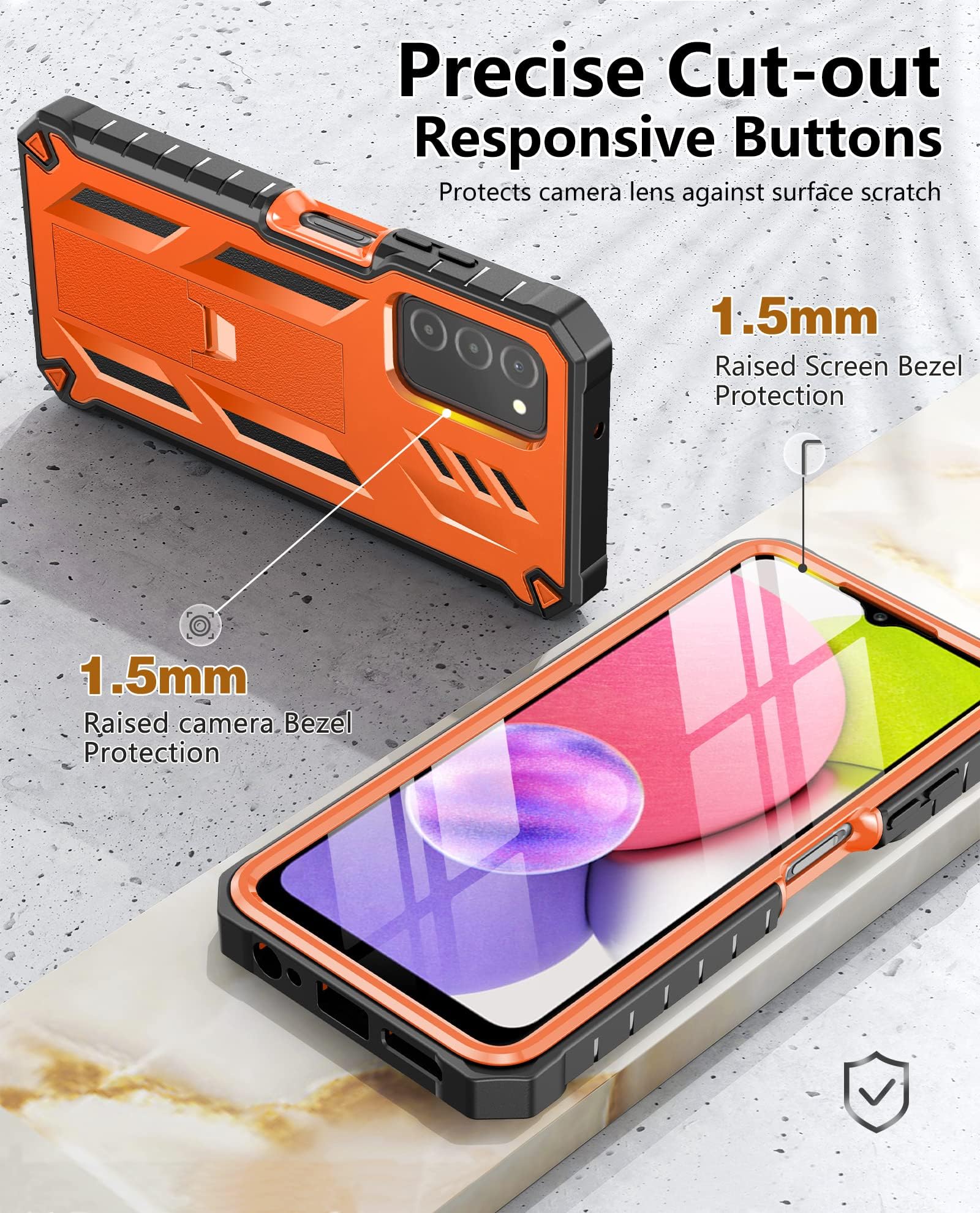 for Samsung Galaxy A03S Phone Case: Built in Hard Kickstand & Touch Protector Military Shockproof TPU Sturdy Soft Rugged Heavy Duty Armor Full Body Protection Grade Phone Cover - Orange