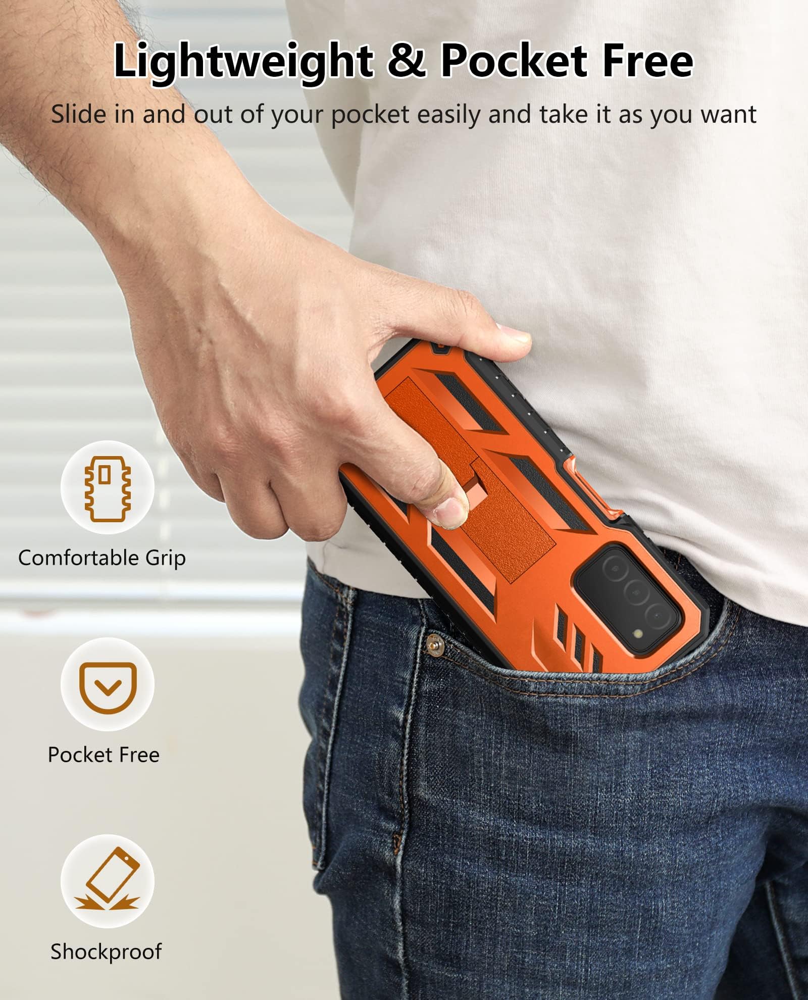 for Samsung Galaxy A03S Phone Case: Built in Hard Kickstand & Touch Protector Military Shockproof TPU Sturdy Soft Rugged Heavy Duty Armor Full Body Protection Grade Phone Cover - Orange