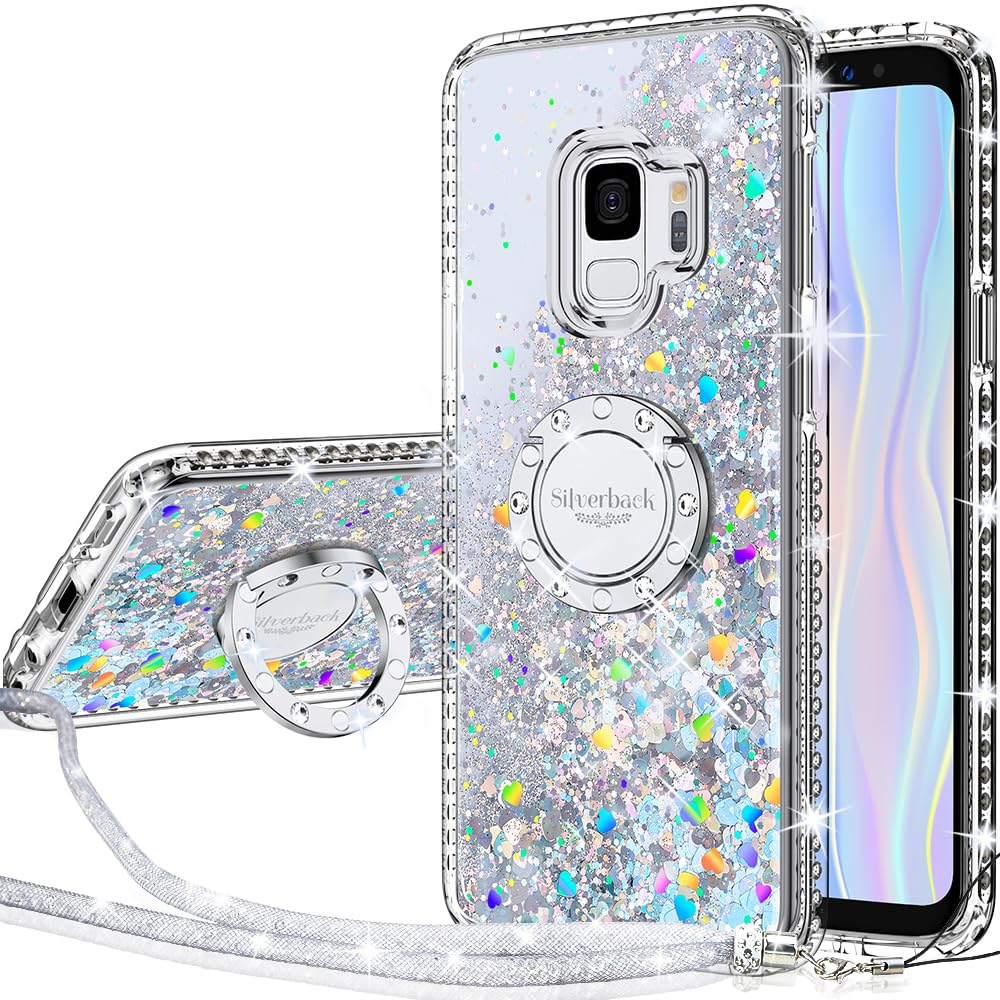 Silverback for Galaxy S9 Case, Moving Liquid Holographic Sparkle Glitter Case with Kickstand, Bling Diamond Rhinestone Bumper Ring Slim Protective Samsung Galaxy S9 Case for Girls Women - Clear Silver