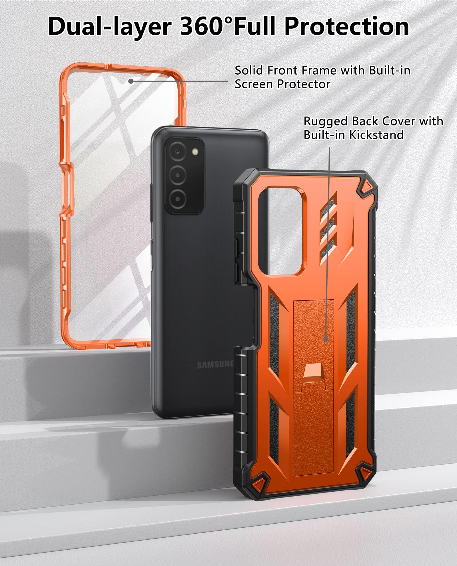 for Samsung Galaxy A03S Phone Case: Built in Hard Kickstand & Touch Protector Military Shockproof TPU Sturdy Soft Rugged Heavy Duty Armor Full Body Protection Grade Phone Cover - Orange