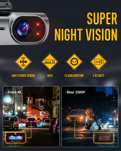Dash Cam Front and Rear 4K Built-in 5GHz WiFi, Dual Dash Cam Front 4K/2K Rear 1080P Hidden Dash Camera for Cars, Super Night Vision, App Control, Supercapacitor, Parking Mode, G-Sensor, USB C Port