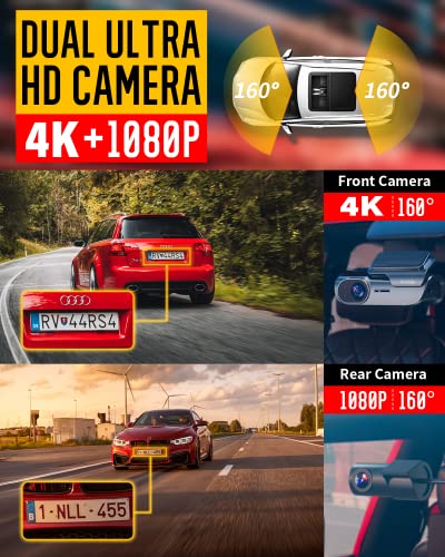 Dash Cam Front and Rear 4K Built-in 5GHz WiFi, Dual Dash Cam Front 4K/2K Rear 1080P Hidden Dash Camera for Cars, Super Night Vision, App Control, Supercapacitor, Parking Mode, G-Sensor, USB C Port