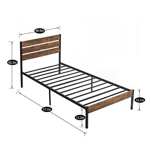 VECELO Platform Twin Bed Frame with Rustic Vintage Wood Headboard, Mattress Foundation, Strong Metal Slats Support, No Box Spring Needed