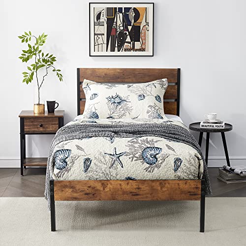 VECELO Platform Twin Bed Frame with Rustic Vintage Wood Headboard, Mattress Foundation, Strong Metal Slats Support, No Box Spring Needed