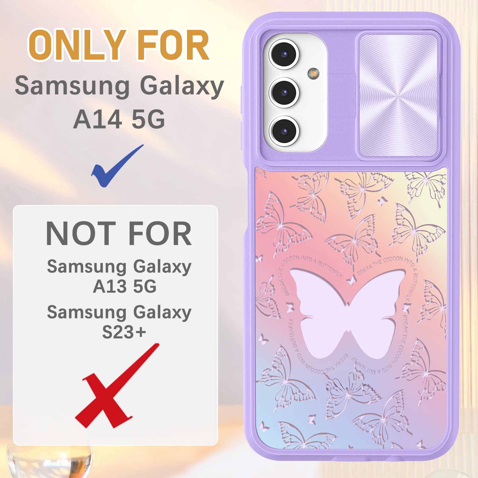 Plakill for Samsung Galaxy A14 5G Case, Cute Stylish Designer Galaxy A14 5G Phone Cases with Slide Camera Cover + Ring Holder,Butterflies Slim Protective Shockproof Hard Clear Cases for A14 5G