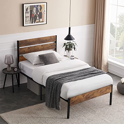VECELO Platform Twin Bed Frame with Rustic Vintage Wood Headboard, Mattress Foundation, Strong Metal Slats Support, No Box Spring Needed
