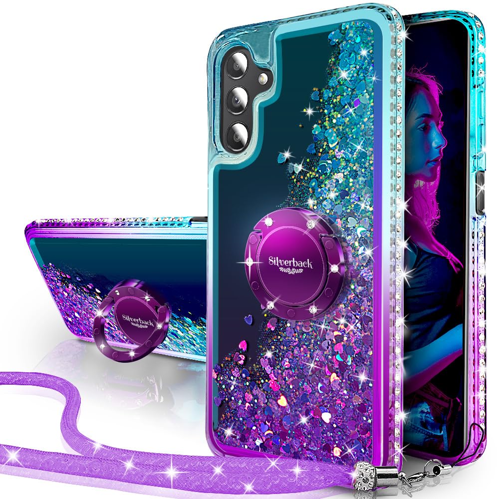 Silverback for Galaxy A54 5G Phone Case, Moving Liquid Holographic Sparkle Glitter Case with Kickstand, Girls Women Bling Diamond Ring Slim Protective Case for Samsung Galaxy A54 5G - Purple