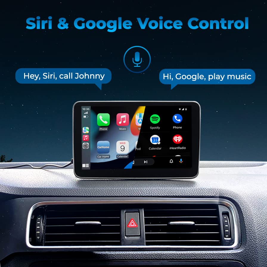 AutoSky 7" Portable Infotainment Display - Wired and Wireless CarPlay Screen, Touch Screen Car Play and Android Auto, Car Stereo, Bluetooth, Navigation Screen, FM Transmitter, Dashboard Mounted