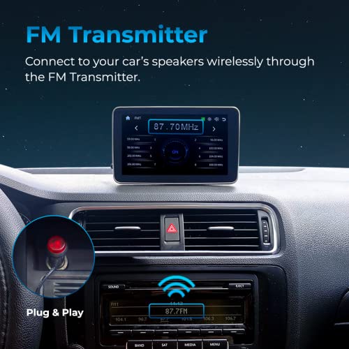 AutoSky 7" Portable Infotainment Display - Wired and Wireless CarPlay Screen, Touch Screen Car Play and Android Auto, Car Stereo, Bluetooth, Navigation Screen, FM Transmitter, Dashboard Mounted