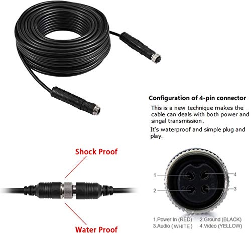 Backup Camera Cable 4PIN Video Power Aviation Extension Wire for Vehicle Car Camper Bus Van Truck Motorhome Trailer RV Reverse Rearview Monitor CCTV System Waterproof Shock Proof 49.2ft(15m)