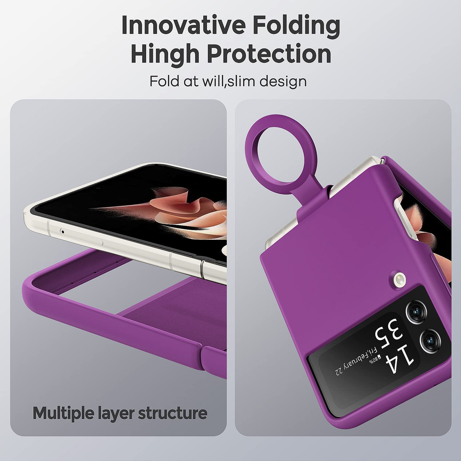 Meifei for Samsung z3 flip case,case for Galaxy z flip 3 case Silicone Dual Layer Hard Pc Soft Silicone Rubber Slim Fit Protective Phone Case for Z Flip 3 5G, Purple
