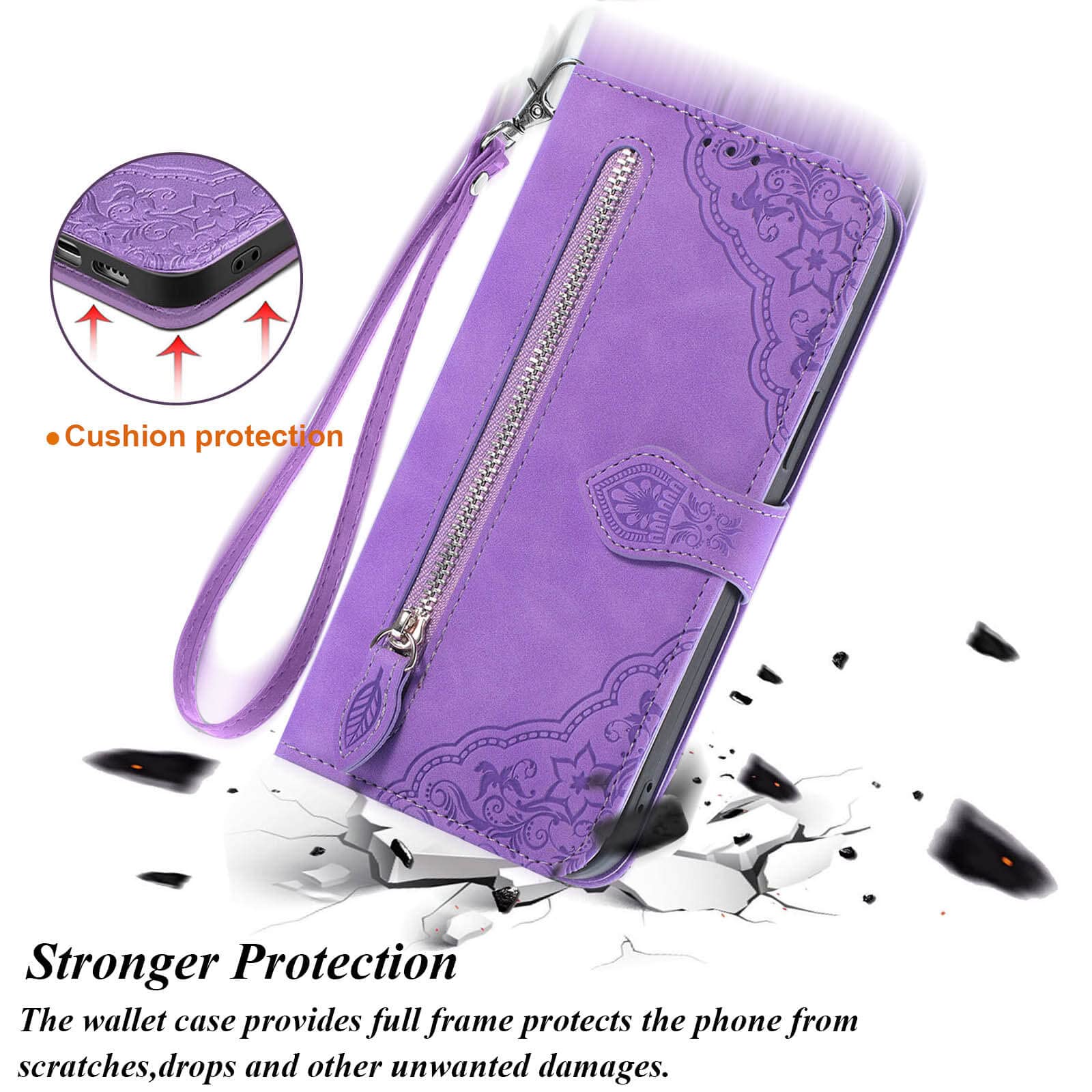 KRHGEIK for Samsung Galaxy S21 5G Phone Case Wallet for Women,Emboss PU Leather Cover Magnetic Wrist Strap Zipper Card Holder Flip Protective Case (Purple)