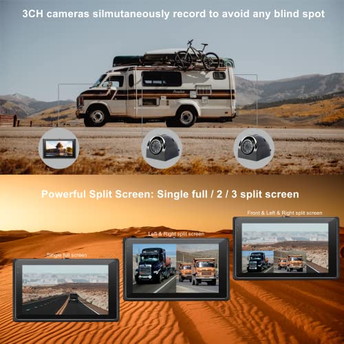 VSYSTO Upgrade 3CH Truck Dash Camera System DVR Recorder Waterproof Vehicle Backup Camera 1080P Front&Sides&Rear View Security Camera for Semi Truck Trailer Van RVs 3.0'' Monitor Infrared Night Vision