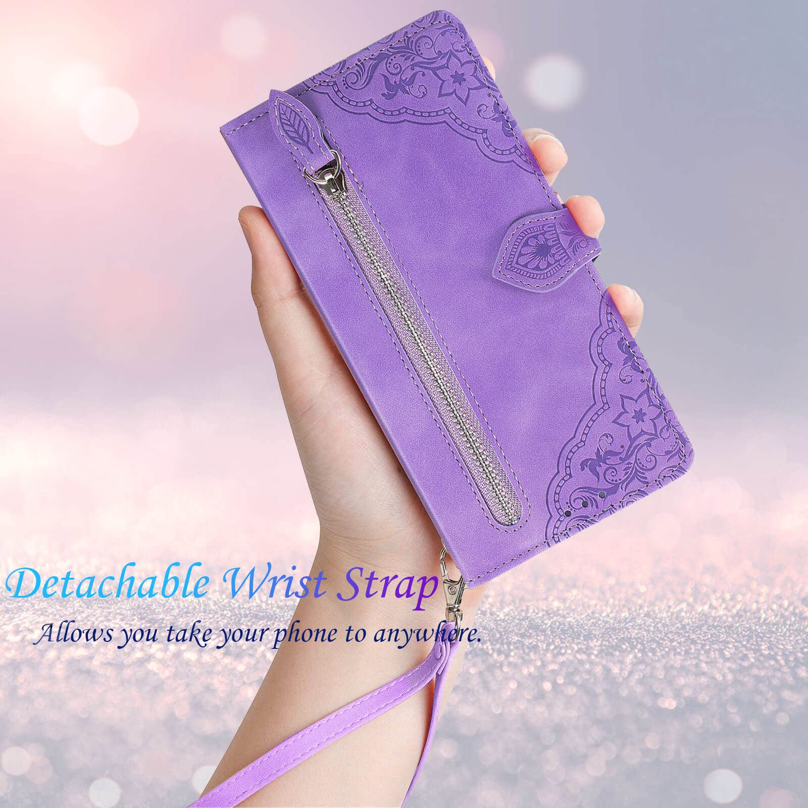 KRHGEIK for Samsung Galaxy S21 5G Phone Case Wallet for Women,Emboss PU Leather Cover Magnetic Wrist Strap Zipper Card Holder Flip Protective Case (Purple)