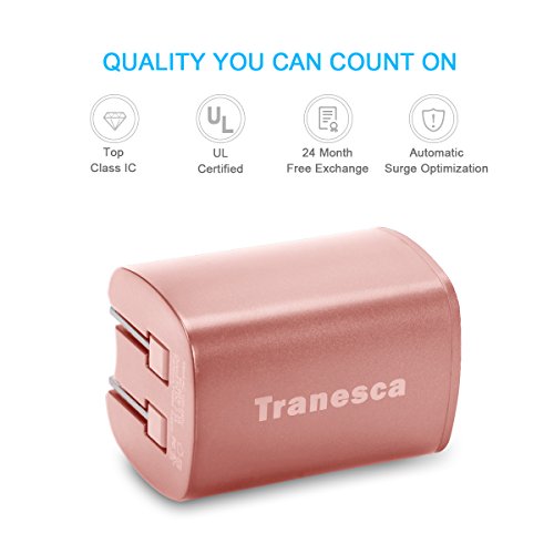 Tranesca 2.4 Amp Dual USB Port Travel Wall Charger Cube with Foldable Plug for iPhone X/8/7/6S/6S Plus/6 Plus/6, Samsung Galaxy S9/S8/S7/S6/S5 Edge, LG, HTC, Moto, Kindle and More-Rose Gold