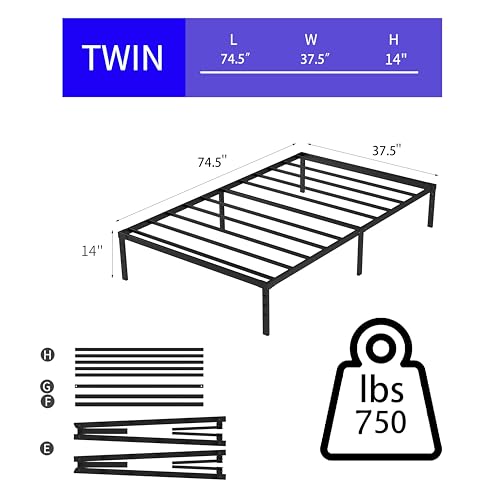 DERYONI 14 inch Twin Size Bed Frame No Box Spring Needed Heavy Duty Metal Twin Platform Bed Frame Steel Slat Support 750lbs Easy Assembly Noise Free Black Bed Frame Twin