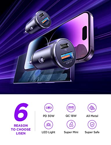 2-Pack USB C Car Charger Fast Charge, 48W Car Cigarette Lighter USB Charger[Mini&Metal], LISEN USBC Fast Car Charger Adapter Compatible with iPhone 14 Pro Max Plus 13 12, iPad Pro, Samsung, Pixel