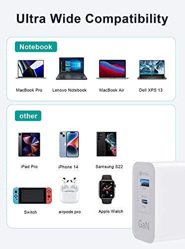70W USB C Charger, GaN Charger PD USB C Fast Charger 2 Ports Power Adapter Foldable (Works with 65W) Compatible with MacBook Pro, Dell, Huawei, Xiaomi, iPhone 13/14, iPad Pro, Galaxy S22