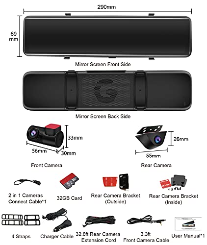 PORMIDO Mirror Dash Cam 12" with Detached Front Camera,Anti Glare Full Touch Split Screen HD 1296P,Car Backup Rear View Mirror Camera Dual Lens with Sony Sensor,Super Night Vision,Parking Assistance