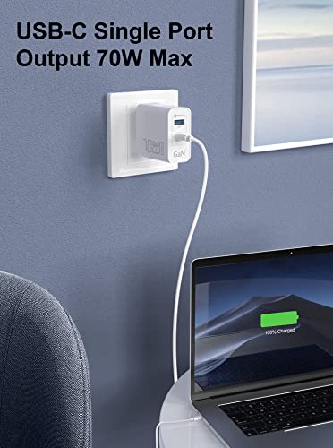 70W USB C Charger, GaN Charger PD USB C Fast Charger 2 Ports Power Adapter Foldable (Works with 65W) Compatible with MacBook Pro, Dell, Huawei, Xiaomi, iPhone 13/14, iPad Pro, Galaxy S22