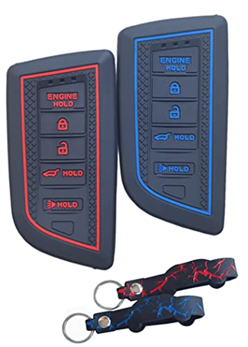 RUNZUIE 2Pcs Silicone Smart Remote Key Fob Compatible with 2023 2022 Acura RDX MDX Key Fob Cover 5 Buttons (Black with Red/Blue)