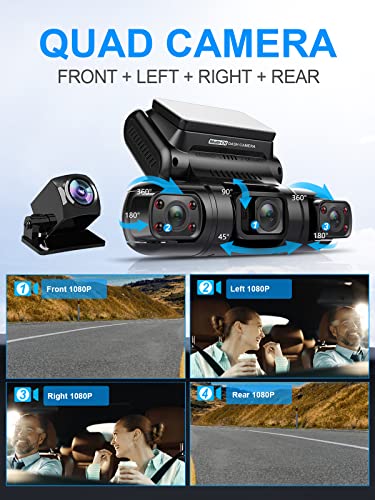 PRUVEEO Dash Cam, 4 Channel Camera FHD 1080Px4, Front, Left, Right and Rear, Front and Rear Inside, GPS, 256 GB Max, Free 128GB Micro SD Card, D90-4CH