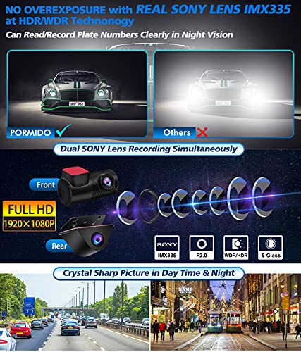 PORMIDO Mirror Dash Cam 12" with Detached Front Camera,Anti Glare Full Touch Split Screen HD 1296P,Car Backup Rear View Mirror Camera Dual Lens with Sony Sensor,Super Night Vision,Parking Assistance