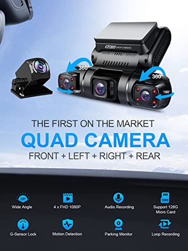 PRUVEEO Dash Cam, 4 Channel Camera FHD 1080Px4, Front, Left, Right and Rear, Front and Rear Inside, GPS, 256 GB Max, Free 128GB Micro SD Card, D90-4CH