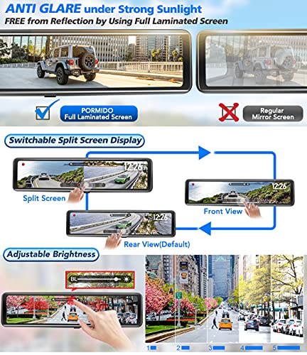 PORMIDO Mirror Dash Cam 12" with Detached Front Camera,Anti Glare Full Touch Split Screen HD 1296P,Car Backup Rear View Mirror Camera Dual Lens with Sony Sensor,Super Night Vision,Parking Assistance