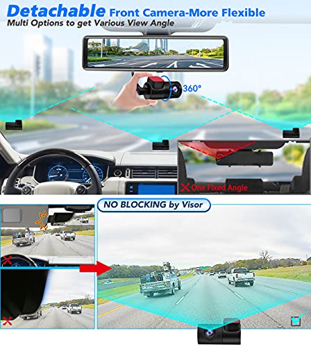 PORMIDO Mirror Dash Cam 12" with Detached Front Camera,Anti Glare Full Touch Split Screen HD 1296P,Car Backup Rear View Mirror Camera Dual Lens with Sony Sensor,Super Night Vision,Parking Assistance