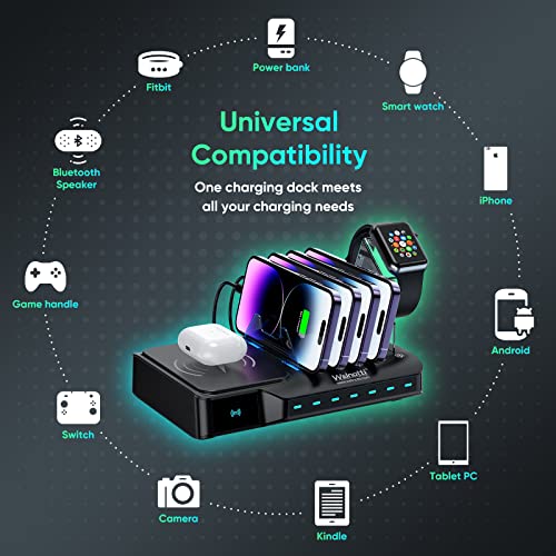 Charging Station Organizer for Multiple Devices,Welnotti 7-Ports USB Fast Charger Ports Wireless Charge Compatible with Cell Phone,iPad,iWatch,Tablets,for Home (Black)