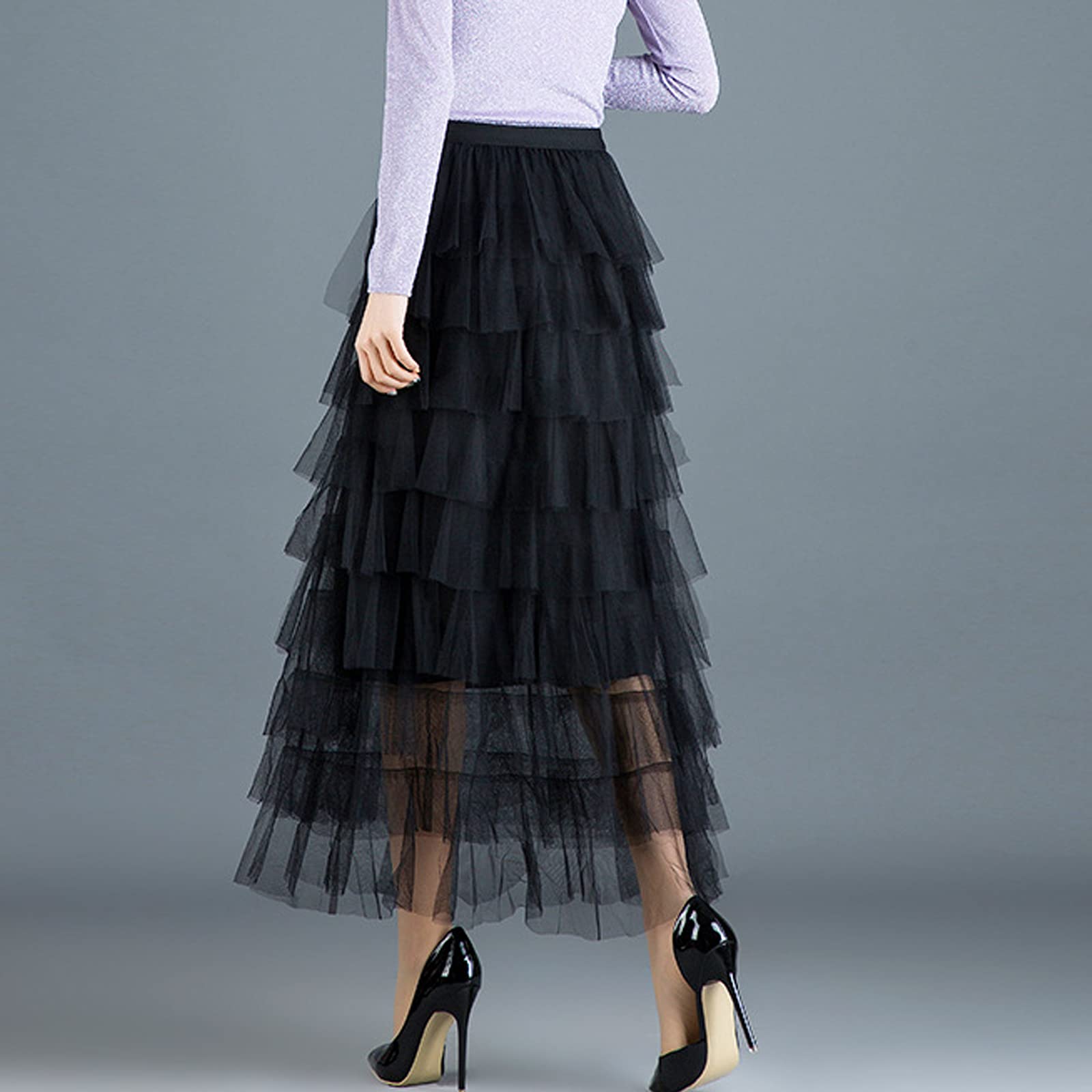 BDQING Women's Elastic Waist Tiered Layered Mesh Ballet Prom Party Tulle Tutu A-line Long Skirt (Black, L)
