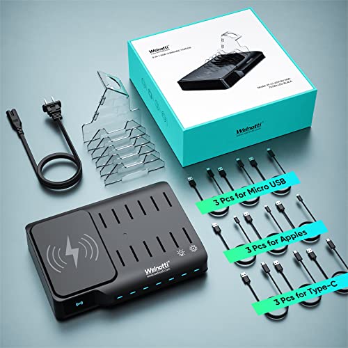 Charging Station Organizer for Multiple Devices,Welnotti 7-Ports USB Fast Charger Ports Wireless Charge Compatible with Cell Phone,iPad,iWatch,Tablets,for Home (Black)