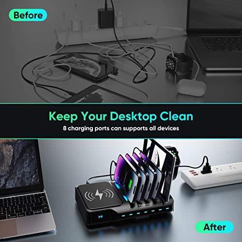 Charging Station Organizer for Multiple Devices,Welnotti 7-Ports USB Fast Charger Ports Wireless Charge Compatible with Cell Phone,iPad,iWatch,Tablets,for Home (Black)