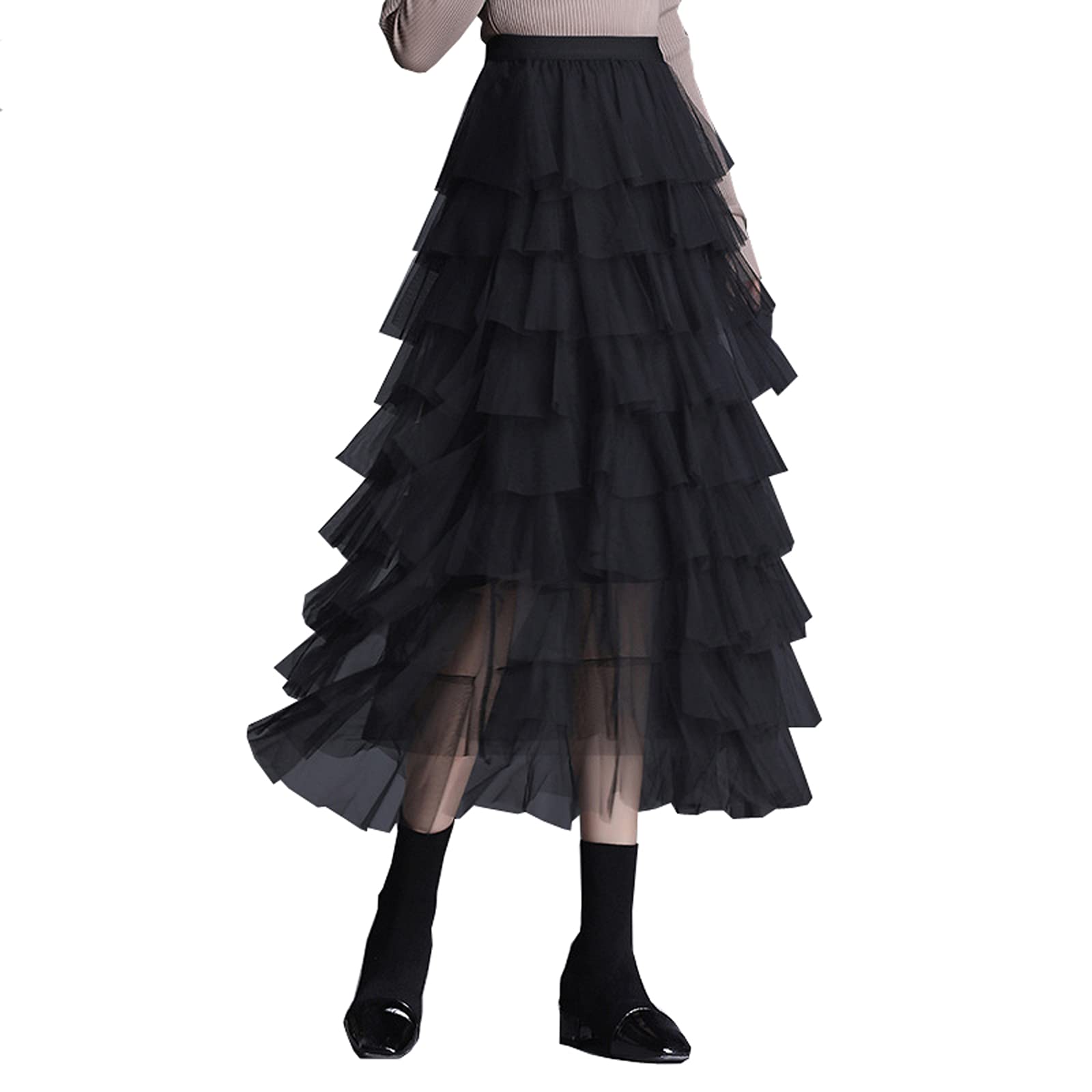 BDQING Women's Elastic Waist Tiered Layered Mesh Ballet Prom Party Tulle Tutu A-line Long Skirt (Black, L)