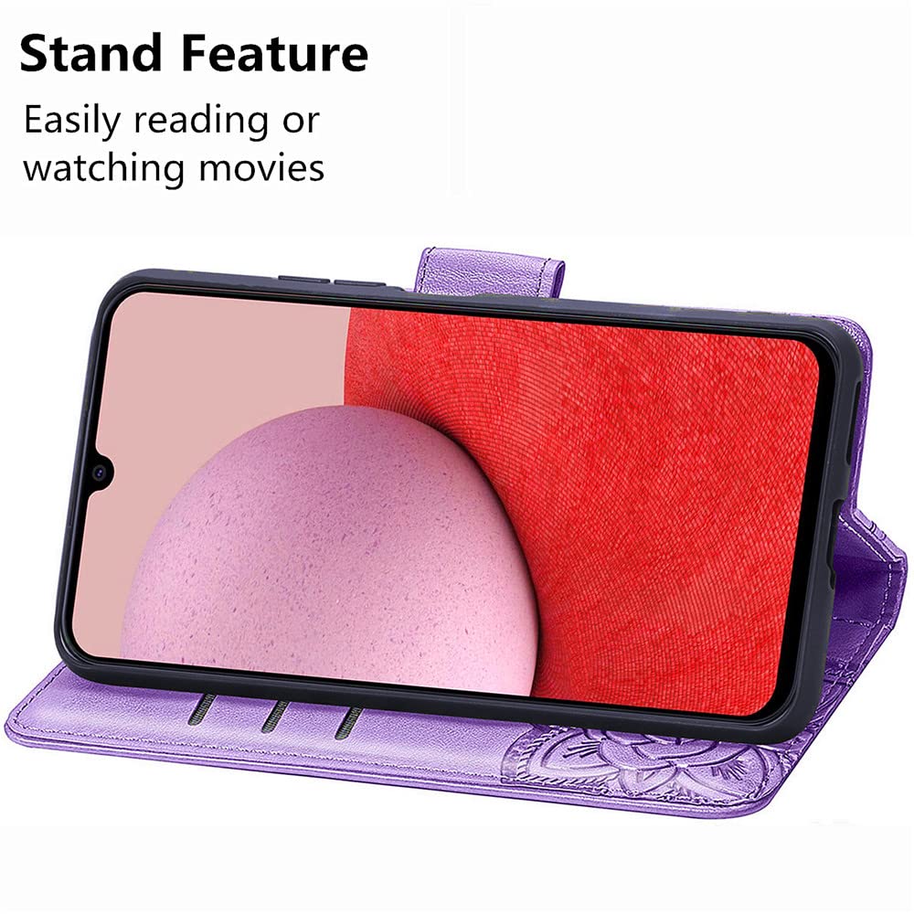 MEUPZZK Samsung Galaxy A14 5G Case, Samsung A14 5G Wallet Case, Embossed Butterfly Flower Premium PU Leather [Kickstand][Card Slots][Wrist Strap][6.6 inch] Phone Cover for Samsung A14 5G (A-Lavender)