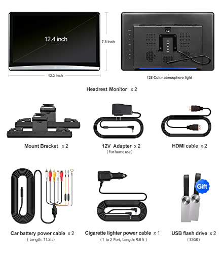 Seventour 12.4" Android 4K Car TV Headrest Monitor Tablet for Back seat, Support Phone Wireless Connection Mirror Link Touch Screen,with WiFi/Bluetooth/HDMI/USB/AV in/SD/Airplay Video Player(2*pcs)
