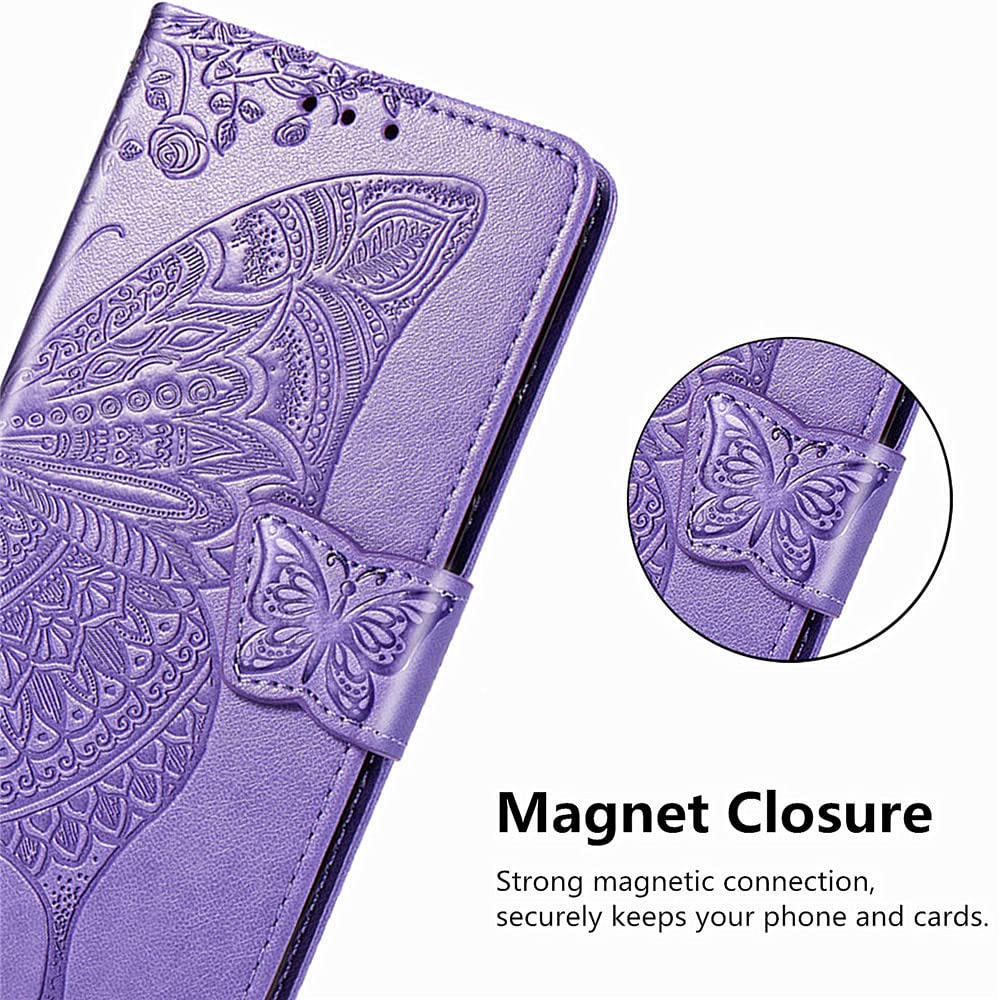 MEUPZZK Samsung Galaxy A14 5G Case, Samsung A14 5G Wallet Case, Embossed Butterfly Flower Premium PU Leather [Kickstand][Card Slots][Wrist Strap][6.6 inch] Phone Cover for Samsung A14 5G (A-Lavender)