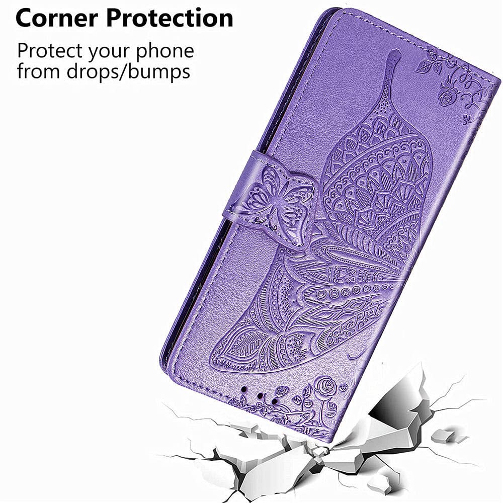 MEUPZZK Samsung Galaxy A14 5G Case, Samsung A14 5G Wallet Case, Embossed Butterfly Flower Premium PU Leather [Kickstand][Card Slots][Wrist Strap][6.6 inch] Phone Cover for Samsung A14 5G (A-Lavender)