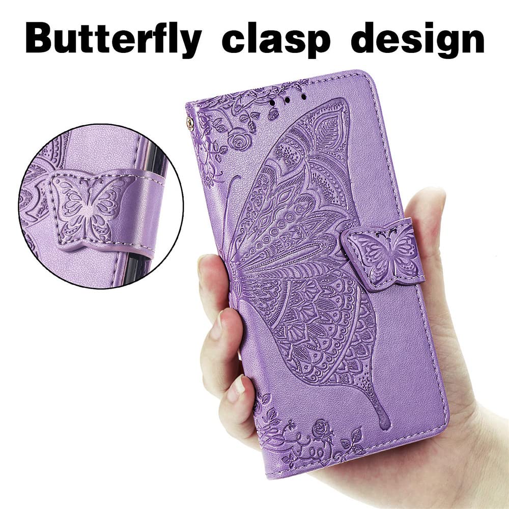 MEUPZZK Samsung Galaxy A14 5G Case, Samsung A14 5G Wallet Case, Embossed Butterfly Flower Premium PU Leather [Kickstand][Card Slots][Wrist Strap][6.6 inch] Phone Cover for Samsung A14 5G (A-Lavender)