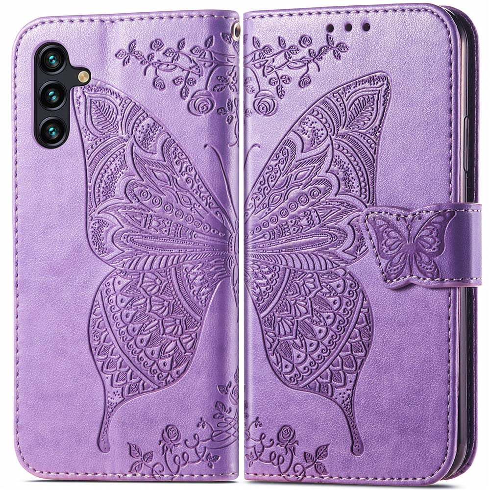 MEUPZZK Samsung Galaxy A14 5G Case, Samsung A14 5G Wallet Case, Embossed Butterfly Flower Premium PU Leather [Kickstand][Card Slots][Wrist Strap][6.6 inch] Phone Cover for Samsung A14 5G (A-Lavender)