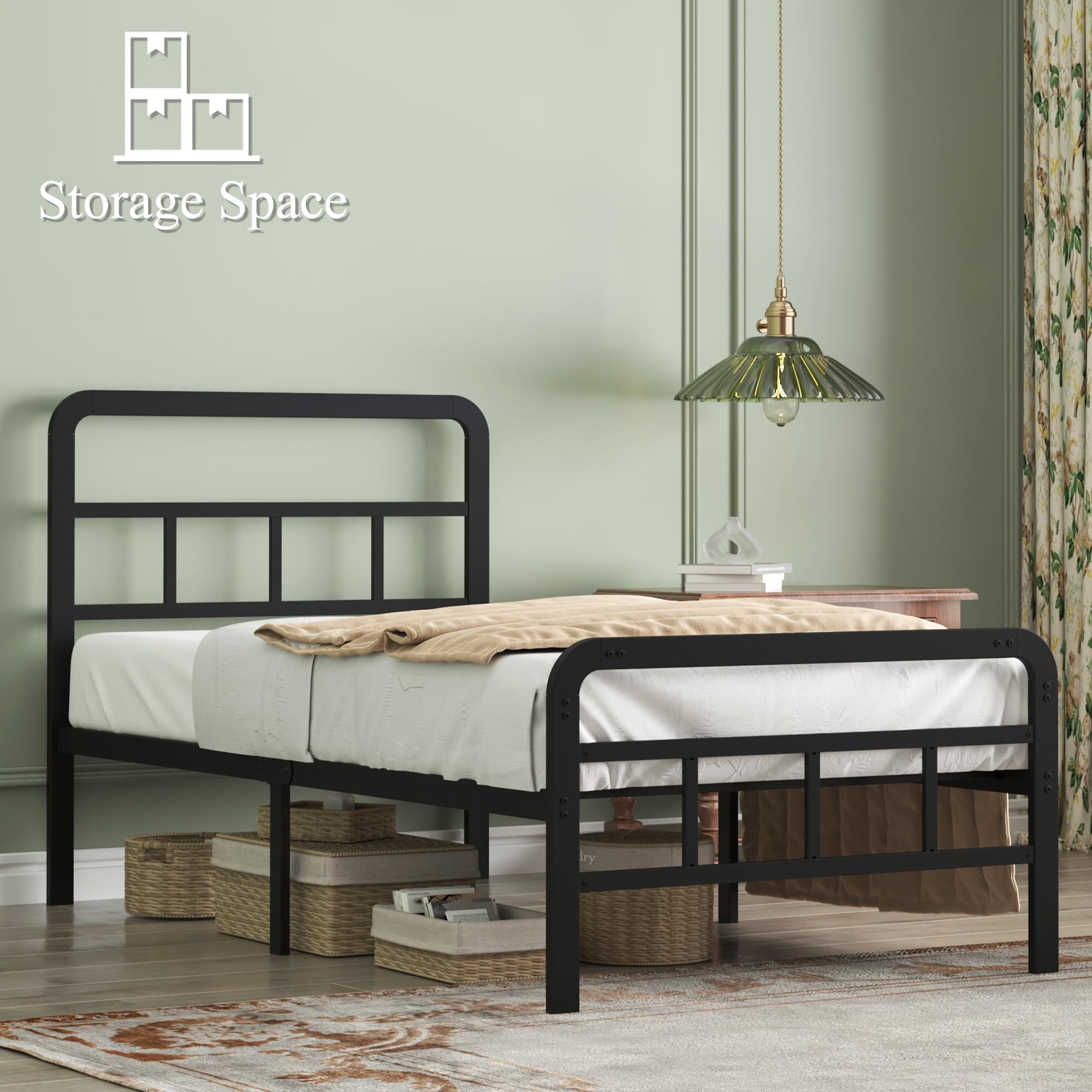 Richwanone 14 inch Twin Bed Frame with Headboard and Footboard, Metal Bed Frame with Steel Slat Support, No Box Spring Needed, Easy Assembly, Black