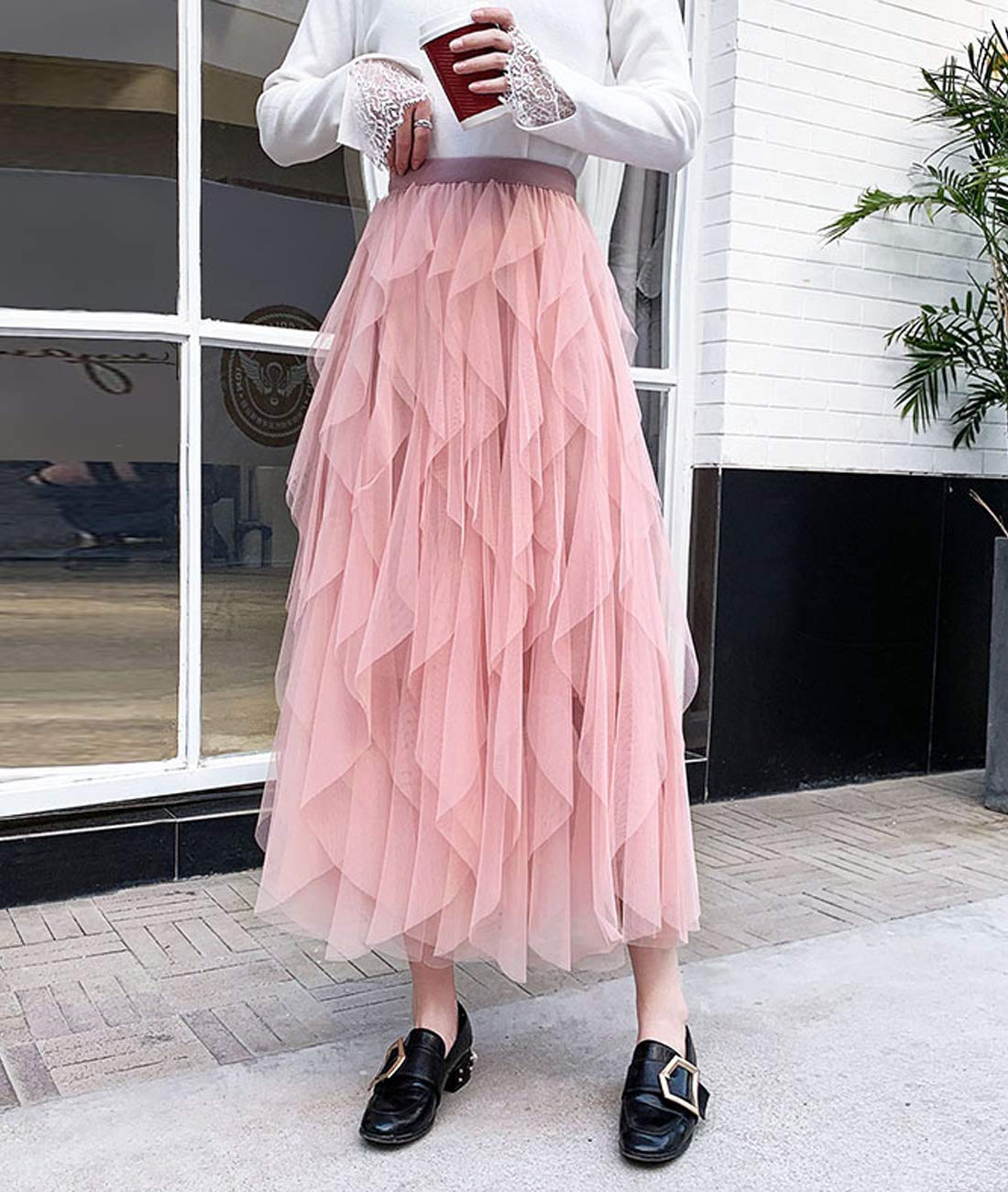 Femiserah Women's Long Rainbow A Line Tulle Tutu Skirts Tiered Skirt Petticoat(One Size, Tulle Pink