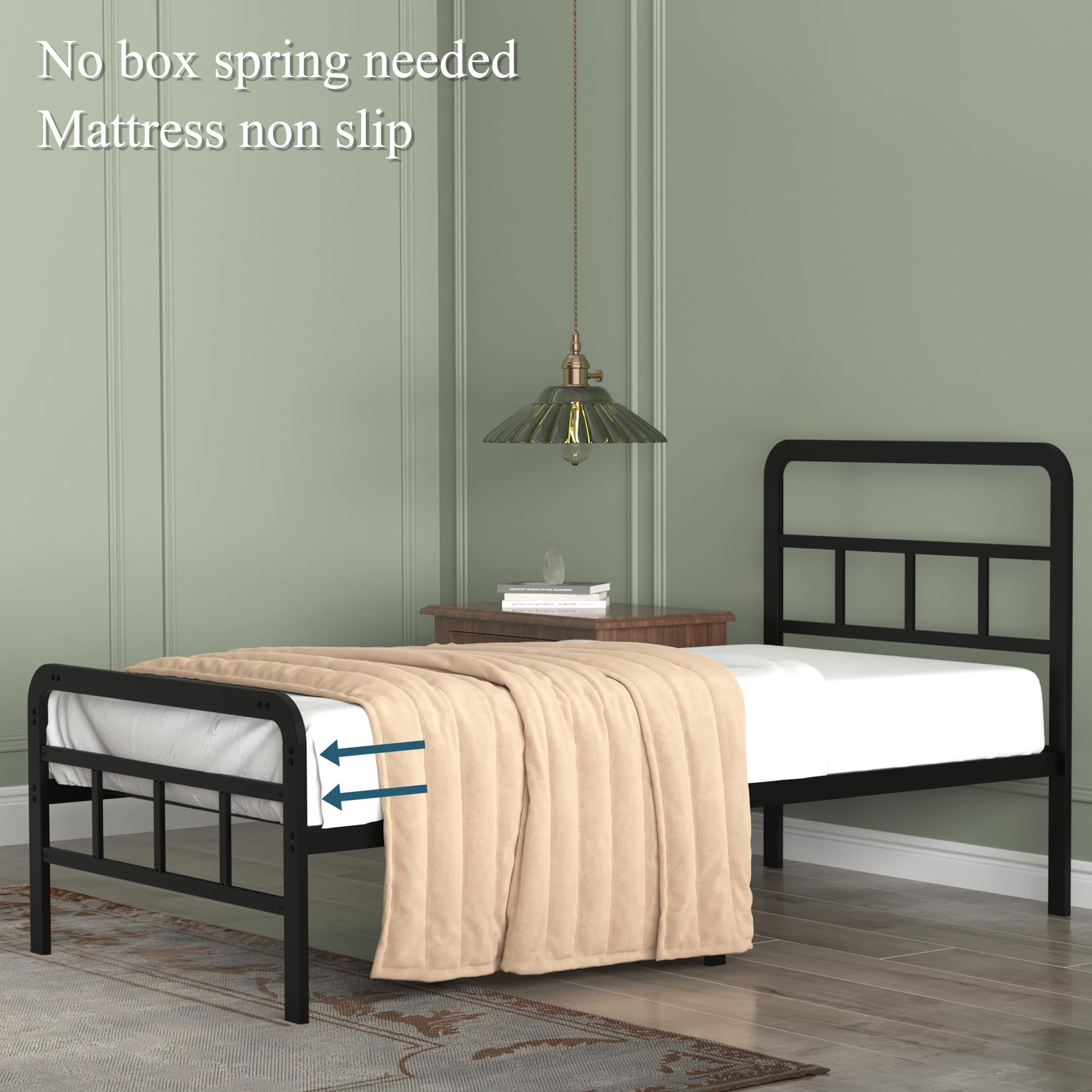 Richwanone 14 inch Twin Bed Frame with Headboard and Footboard, Metal Bed Frame with Steel Slat Support, No Box Spring Needed, Easy Assembly, Black